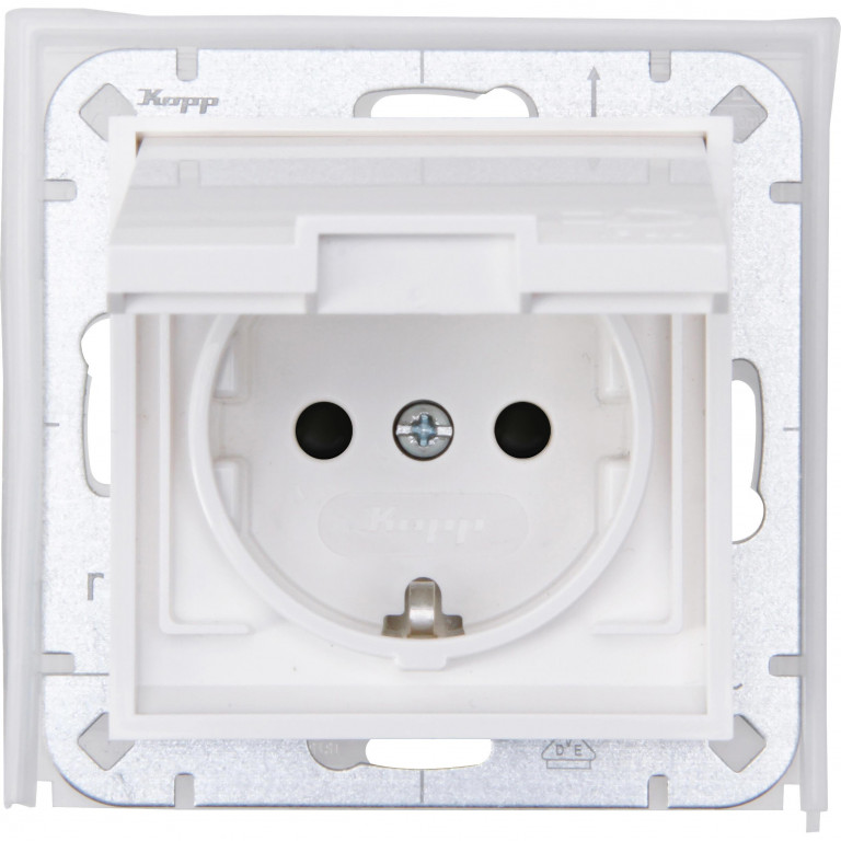 HK07 IP44 – earthed socket outlet with hinged lid and shutter, colour: pure white – Heinrich ...